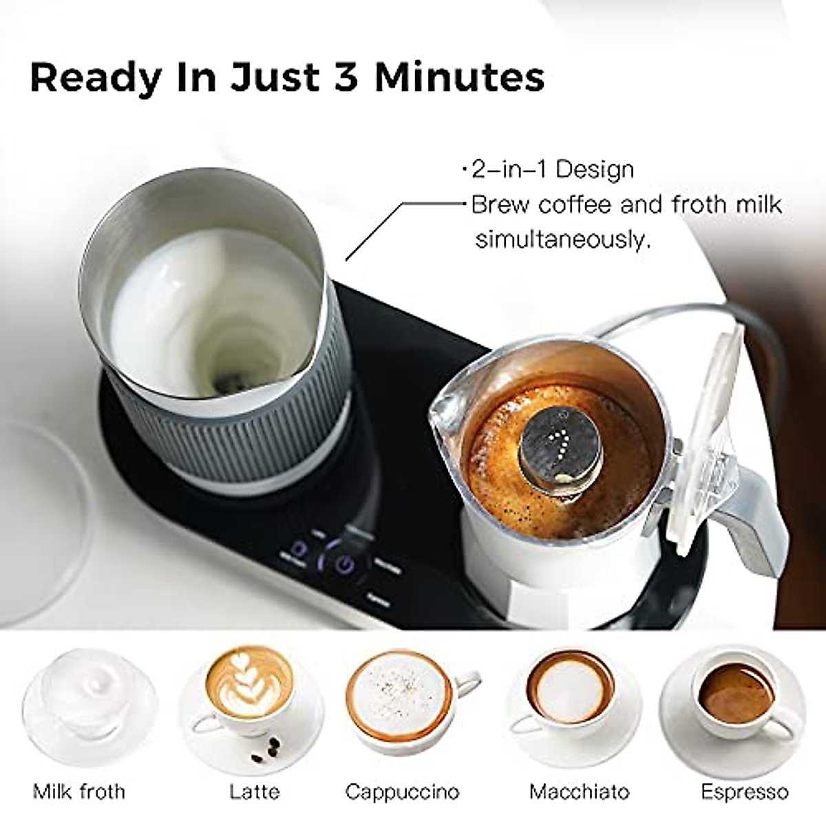 SEVEN&ME Espressor Machine black & white Coffee Maker, with Milk Froth All-in-One Espresso Machine Combination, Latte Cappuccino Macchiato Espresso Electric Moka Pot, One Click Smart Operation（8.66"）