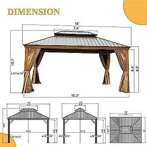 Jaxenor 12'x16' Outdoor Hardtop Gazebo - Aluminum Wood Grain Finish - Galvanized Steel Double Canopy - Ideal for Patios, Decks, and Backyards - Includes Curtains and Netting - Wood-Looking Design