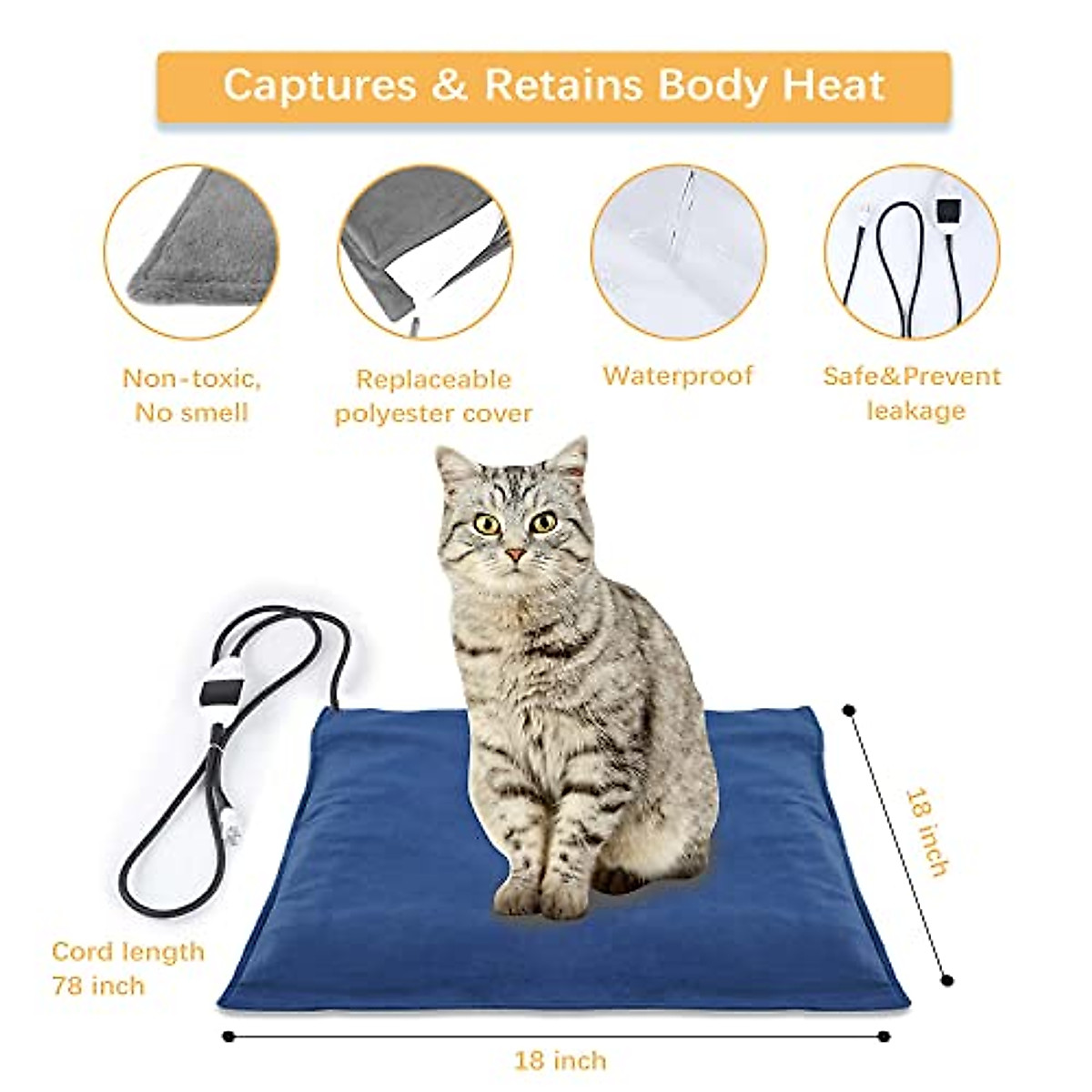 Pet Heating Pad Electric Heated Dog Cat Bed with 2Pcs Replaceable Covers Chew Resistant Cord Waterproof, Mat for Pet House Auto Power Off (18"x18")