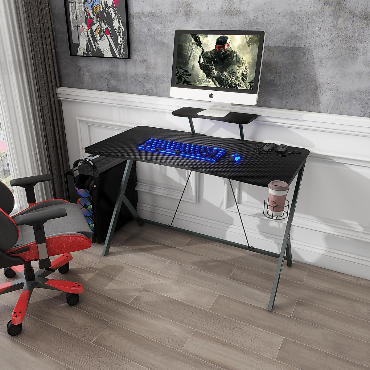 DEILALY 45IN Gaming Desk Gamer Table Carbon Fiber Surface Computer Table Gamer Desk with Monitor Shelf Office Home Study Desk Work PC Table Steel Legs Corner Desk Black