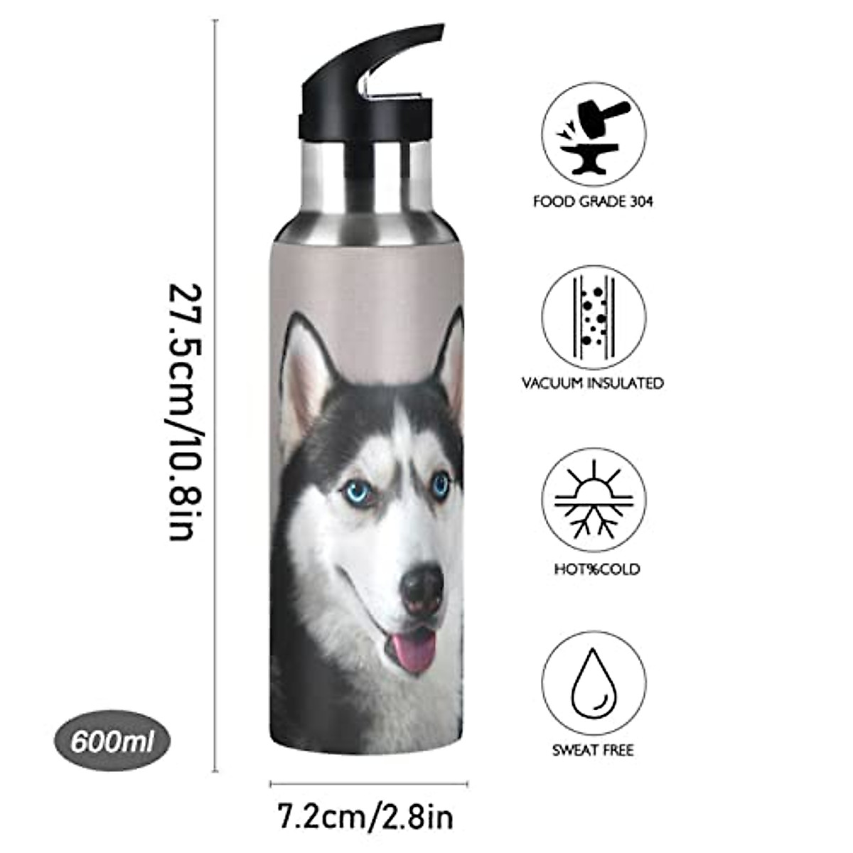 Oarencol Husky Dog Water Bottle Cute Animal Stainless Steel Vacuum Insulated Thermos with Straw Lid 20 Oz