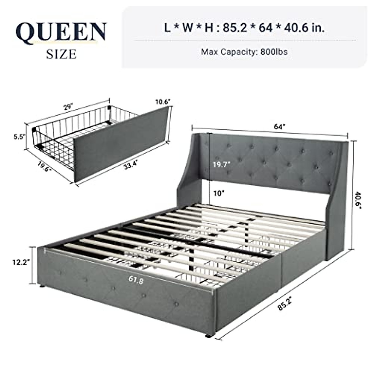 Allewie Queen Bed Frame with 4 Storage Drawers and Wingback Headboard, Button Tufted Design, No Box Spring Needed, Light Grey