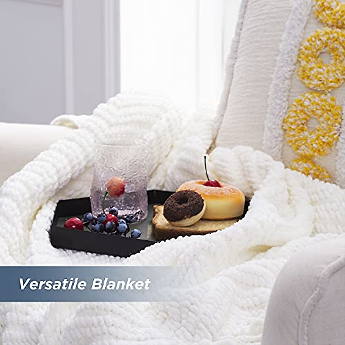Bedsure Throw Blanket for Couch – Cream White Versatile KnitWoven Chenille Blanket for Chair – Super Soft, Warm & Decorative Blanket with Tassels for Bed, Sofa and Living Room (Ivory, 50 x 60 inches)