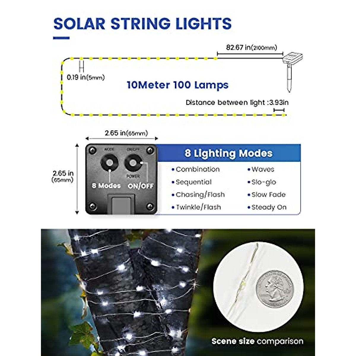 Solar Lights Outdoor, Solar String Lights Outdoor, Bryopath Solar Xmas Tree Lights Waterproof Copper Wire 33ft 100 LEDs Solar Fairy Lights for Garden Yard Party Christmas Decoration, Daylight White