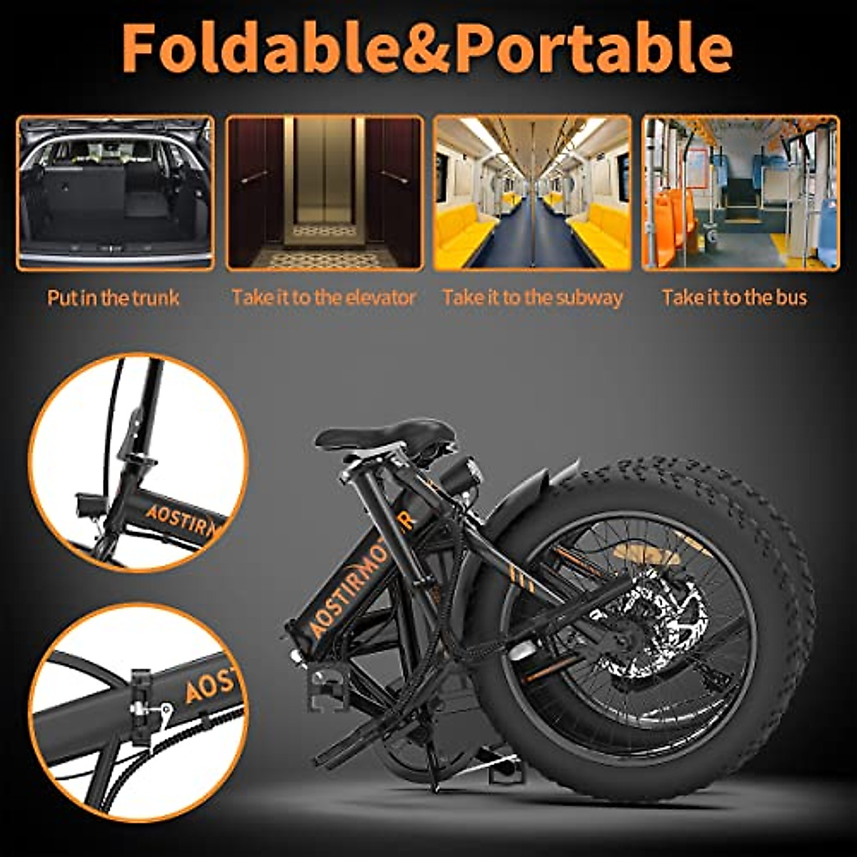aostirmotor 500W Folding Electric Bike for Adults 20''×4''Fat Tire Electric Bike 36V 13AH Removable Lithium Battery Adult Electric Bicycles, 25MPH E Bike for Adults, Shimano 7 Speed Ebike (Black)