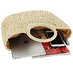 Straw Bags for Women, Hand-woven Straw Large Hobo Bag Round Handle Ring Toto Retro Summer Beach bag (Beige)