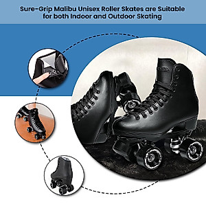 Sure-Grip Malibu Unisex Roller Skates | Stylish and Durable Vegan Leather Upper | Equipped with Sturdy Aluminum Trucks and ABEC 3 Bearings - Wheels Featuring an 88a Hardness Rating, Made in USA