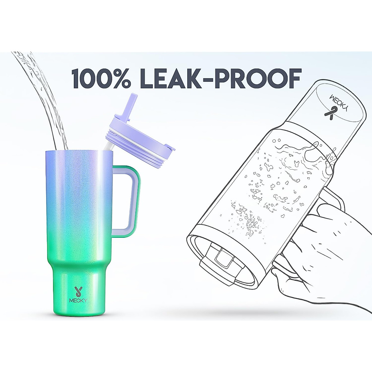 Meoky 40 oz Tumbler with Handle and Flip Straw, 100% Leakproof Tumbler with Lid and Straw, Stainless Steel Insulated Cup, Cupholder Friendly, Keeps Cold for 34 Hours (Fairyland)