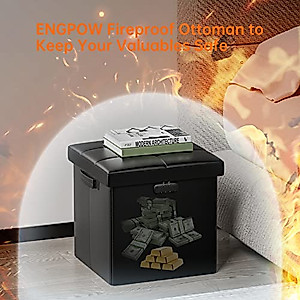 ENGPOW Storage Ottoman,Fireproof ＆ Waterproof Folding Ottoman Cube Storage Stool with Lock,Leather Square Ottoman Storage Chest Safe for Living Room, Bedroom, Home Office,Dorm,15"x15"x15",Black