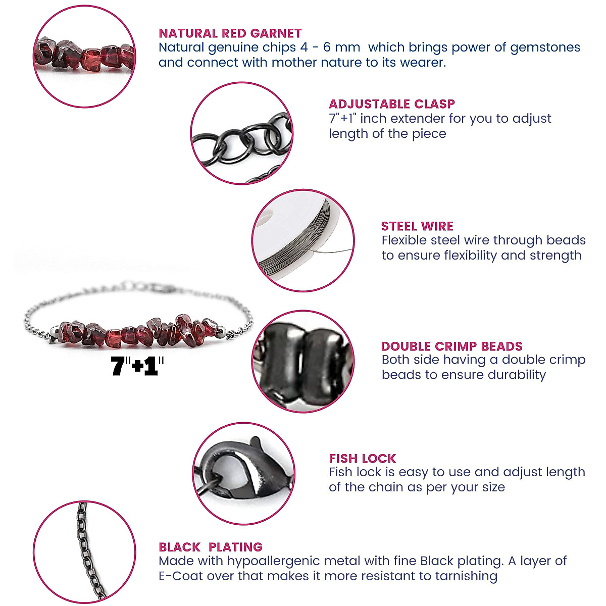 Gempires Natural Red Garnet Chips Bar Bracelet, January Birthstone, Energy Healing Crystals, Gift for Her, Gemstone Jewelry 8 inch Chain (Red Garnet)