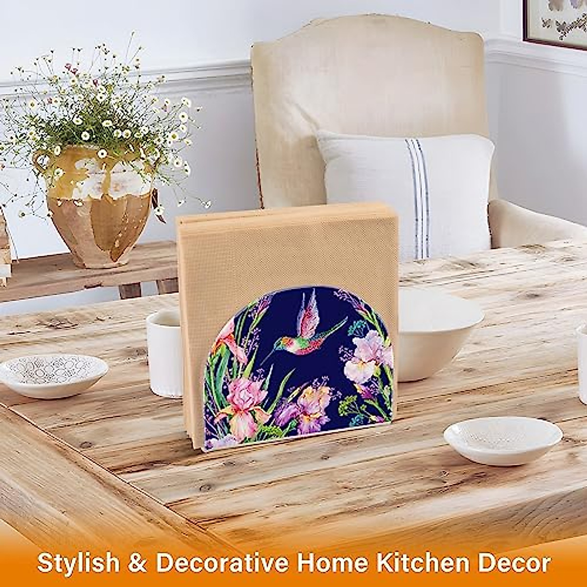 Kigai Napkin Holder for Table Hummingbird Iris Flower Clear Paper Towel Napkin Holders Standing Napkin Dispenser for Kitchen, Bathroom, Dining Table, Countertop