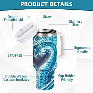 ODAWA Double Insulated Tumbler Large with Handle and Straw Lid, Fiery Dragon Icy Dragon Fall Insulated Tumbler