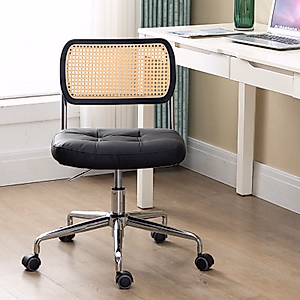 Newnno Mid Century Modern Home Office Chair with Wheels, Armless Leather Desk Chair Rattan Chair, Upholstered Adjustable Height Task Chair Swivel Computer Chair, Black