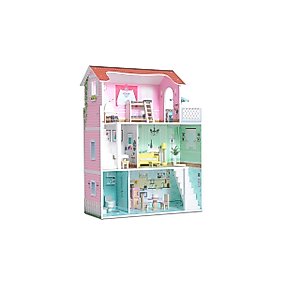 Milliard Pink Wooden Dollhouse for Kids with Doll House Accessories and Furniture - 3 Levels, 6 Rooms, Bonus Balcony and 20 Furniture Pieces, Perfect for 4-6" Dolls, Easy to Assemble, 31" x 24" x 9.5"