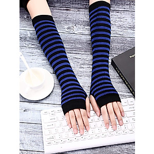 4 Pairs Women Knit Arm Warmers Long Fingerless Gloves Knitted Elbow Length Gloves Thumb Hole Gloves Winter (Black White, Black Grey, Black Blue, Black Coffee)