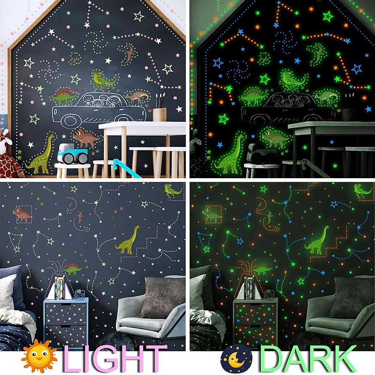 Buiory 925pcs Glow in the Dark Dinosaur Wall Decals Removable DIY Glowing Blue Green Yellow Stars and Dots Wall Stickers PVC Peel and Stick Fluorescent Luminous Wall Decor for Kids Bedroom Baby Boys