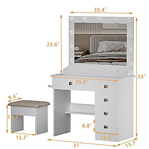 VIVILIFE 36’’ W Vanity Set, Vanity Desk with Power Outlet, Makeup Table with Mirror and LED Lights, Adjustable Lighting, 5 Drawer and Functional Desk Surface, Bedroom Choice for Women and Girls