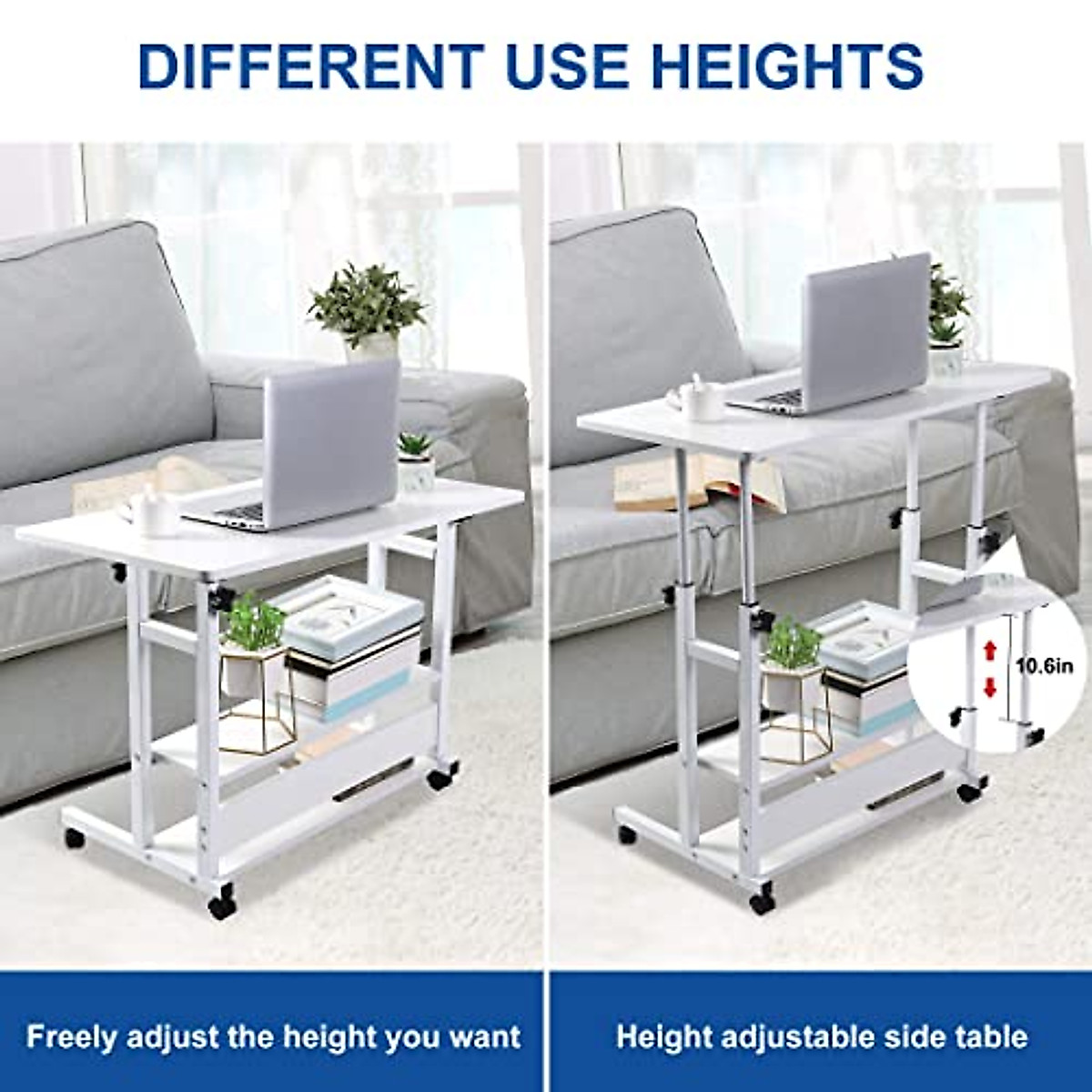 Portable Desk for Bedroom Height Adjustable 31x16 inch Storage Rolling Desk Modern Laptop Table Home Office Workstation Sofa Side Table with Wheels for Living Room Mobile Couch Small Study Desk White