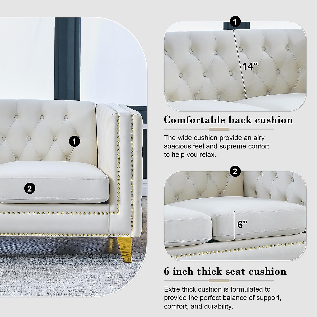 BUIORD Modern 81" 3-Seater Velvet Sofa,Buttons Tufted and Square Arm,Inlaid Gold Nail Heads and 4 Golden Metal Legs for Living Room (Beige, 81" 3-Seater Sofa)