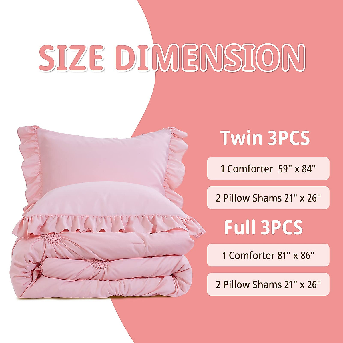 ROYALAY Pink Bedding Kids Comforter Sets for Girls Ruffle Bedding Set Full/Queen Size with 2 Pillow Shams, Blush Pinch Pleat Comforter for All Season (Pink, Full-81"x86")