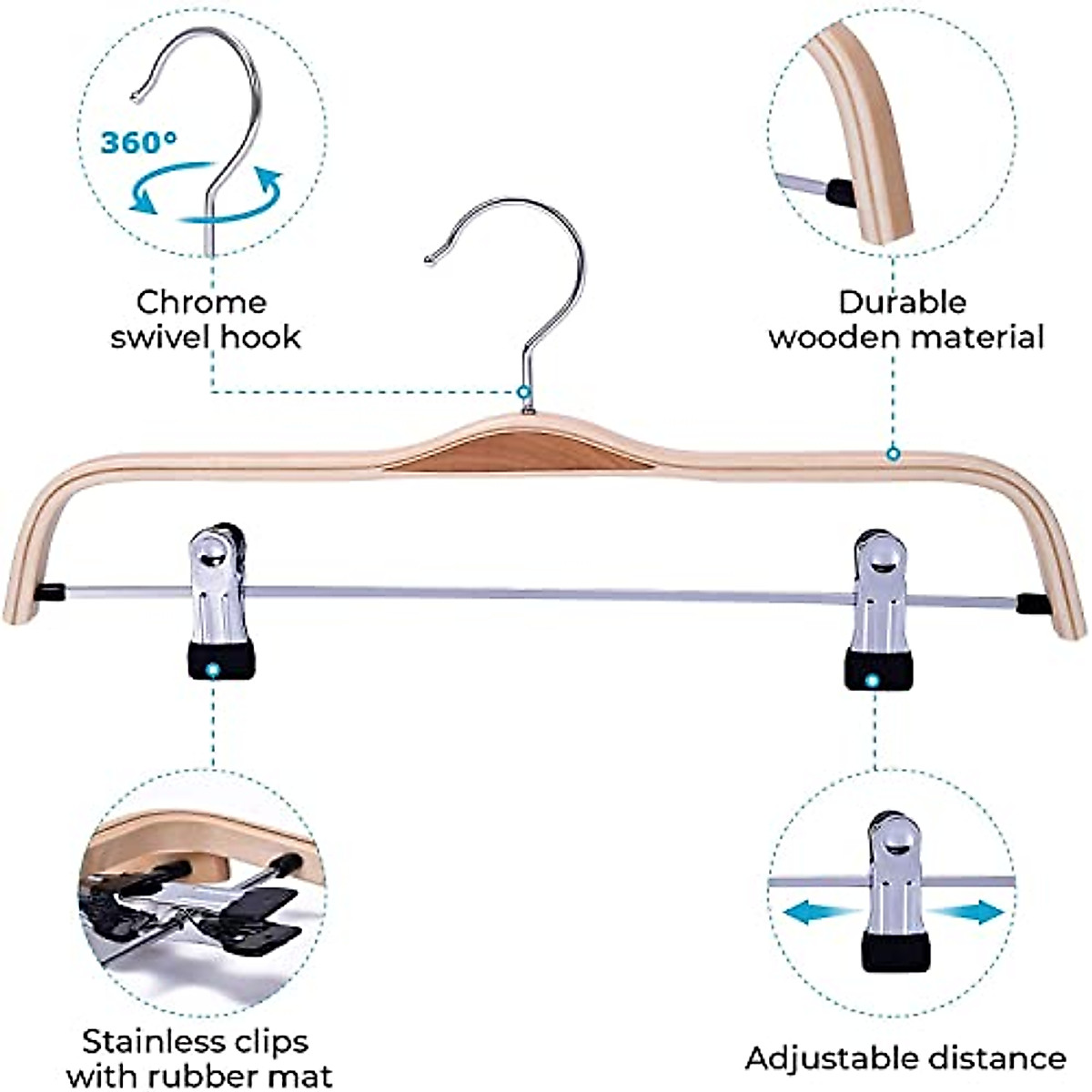 Koobay Hanger Coat Pants Hangers, 30Pack 14" Zara Style Trousers Wooden Clothes Display with Adjustable Clips