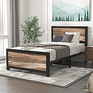 Catrimown Twin Bed Frames, Twin Size Platform Bed Frame with Wooden Headboard, Rustic Bed Frame with Strong Slat Support, No Box Spring Needed, 12”Under Bed Storage, Easy Assemble, Twin