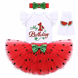 Newborn One Melon Baby Girl First Birthday Cake Smash Outfit Romper + Tutu Skirt/Shrots + Headband 3pcs Princess Formal Prom Clothing Set 0-3Months Clothes Playwear Red-My 1st Birthday 1T