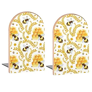 Watercolor Bee Autumn Leaves Book Ends Decorative Wood Bookends for Shelves Kids Room Desk Home Office Book Stoppers for Magazines,Books, DVDs, 1 Pair/2 Pieces(5x3.1 in)