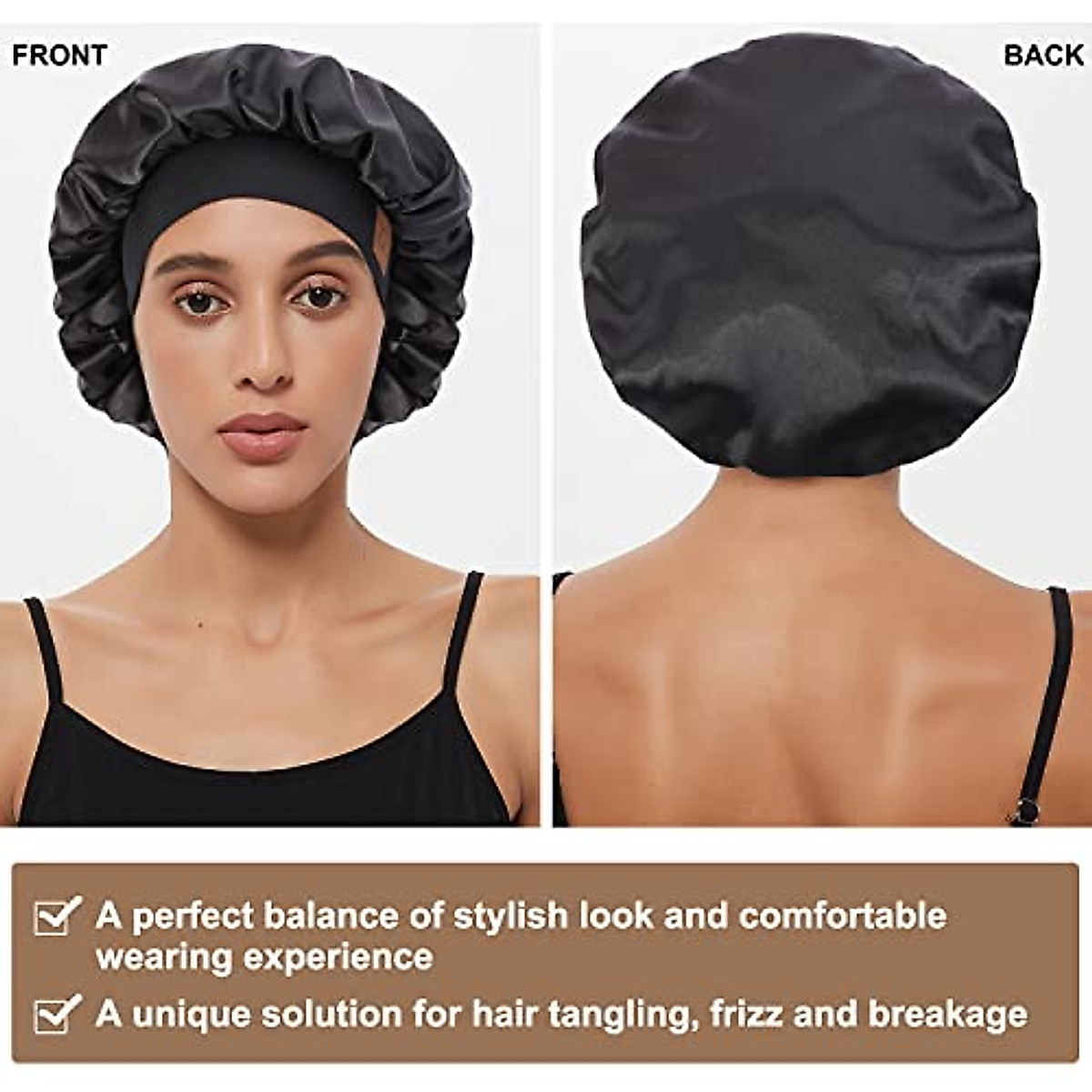Hat Hut Satin Bonnet Silk Bonnet Sleep Cap for Women Hair Bonnet for Curly Natural Hair Sleeping Adjustable Wide Band Double Layer (Black)