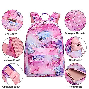 Biesena.h Backpack For Girls School Backpack Set With Lunch Box Kids Book Bag Toddler Backpack Waterproof Travel Bag (Red-Marble)