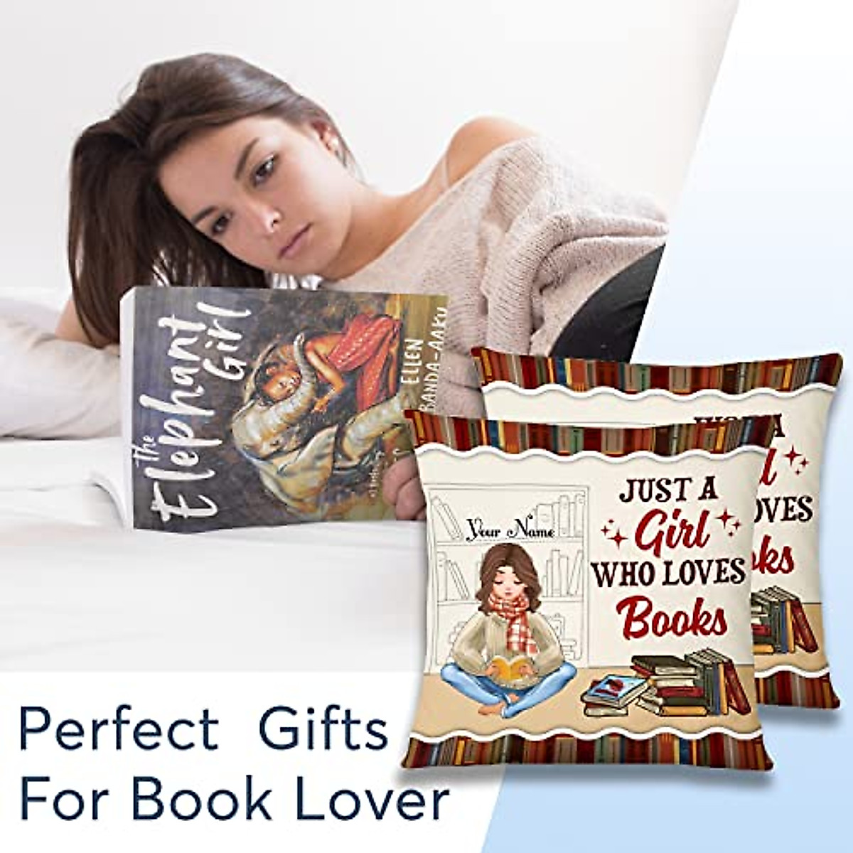 Nimo Personalized Girl & Books Pillow Customize Clothes Skin Tone & Hairstyle Gift for Book Lover Bookworm Meaningful Gift for Friends Birthday Gift Couch Sofa Decor Just A Girl Who Loves Books