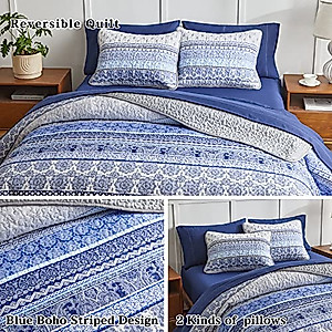 FlySheep Blue Boho Quilt Set 5 Pcs Bed in a Bag, Colorful Bohemian Striped Twin Size Coverlet Bedspread (1 Reversible Quilt 68x86, 1 Pillow Sham, 1 Flat Sheet, 1 Fitted Sheet, 1 Pillowcase)