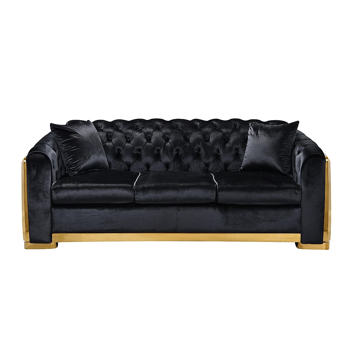 Anwick Velvet Chesterfield Sofa Classic 3 Seater Couch Modern Upholstered Sofa with Tufted Back and Two Pillows for Living Room Office (Black)