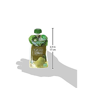 Happy Baby Organics Stage 2 Baby Food Pouches, Gluten Free, Vegan & Healthy Snack, Clearly Crafted Fruit & Veggie Puree, Pears Kale & Spinach, 4 Ounces (Pack of 8)
