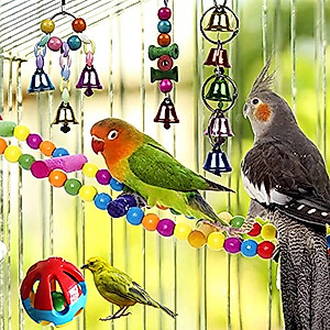 Hamiledyi Bird Parrot Swing Chewing Toy Set 15PCS Wooden Hanging Bell with Hammock Climbing Ladders Colorful Pet Birds Cage Toys for Small Parakeet Cockatiel Conures Finches Budgie Macaws Love Birds