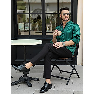 URRU Men's Striped Dress Shirts Green Satin Shirt Casual Luxury Long Sleeve Button Down Wedding Shirt Party Prom Shirt Dark Green XL