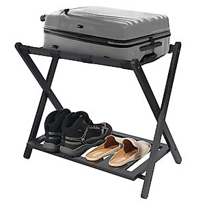 ALAPUR Folding Luggage Rack for Guest Room,Bamboo Suitcase Stand Holder with Shelf for Home Hotel Bedroom,Black
