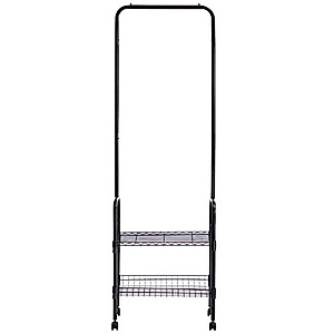 MATICO 2-in-1 Metal Garment Rack with Clothes Hanger, 2 Tier Wire Coat Storage Organizers Laundry Holders with 1 Metal Shelf and 1 Basket for Home and Dormitory, Black