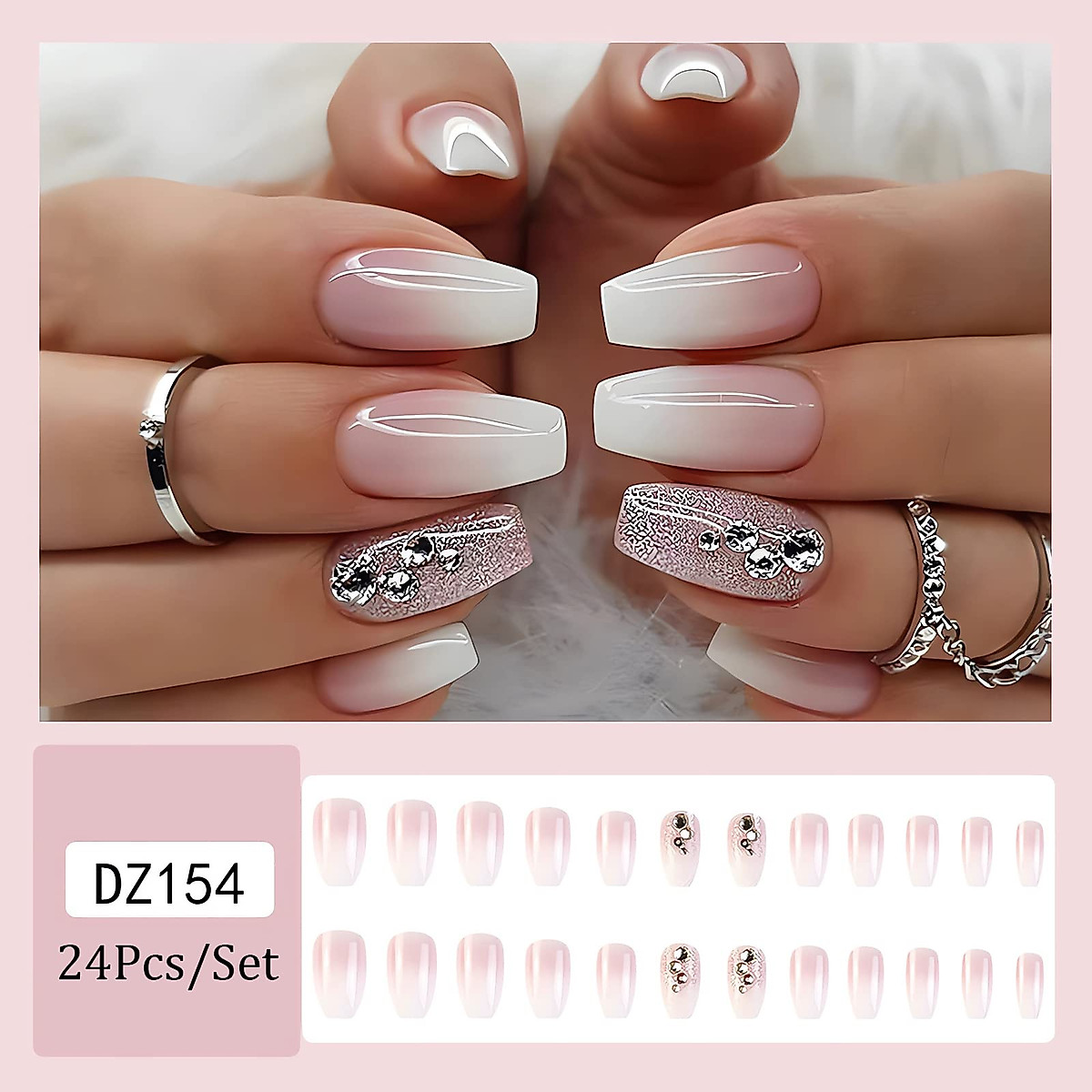 Medium Coffin Nails Press on Glossy Pink White Fake Nails Summer Nail Art Decorations Full Cover Glitter Rhinestone Acrylic Nails Exquisite Design Stick on Nails for Women Girls 24Pcs