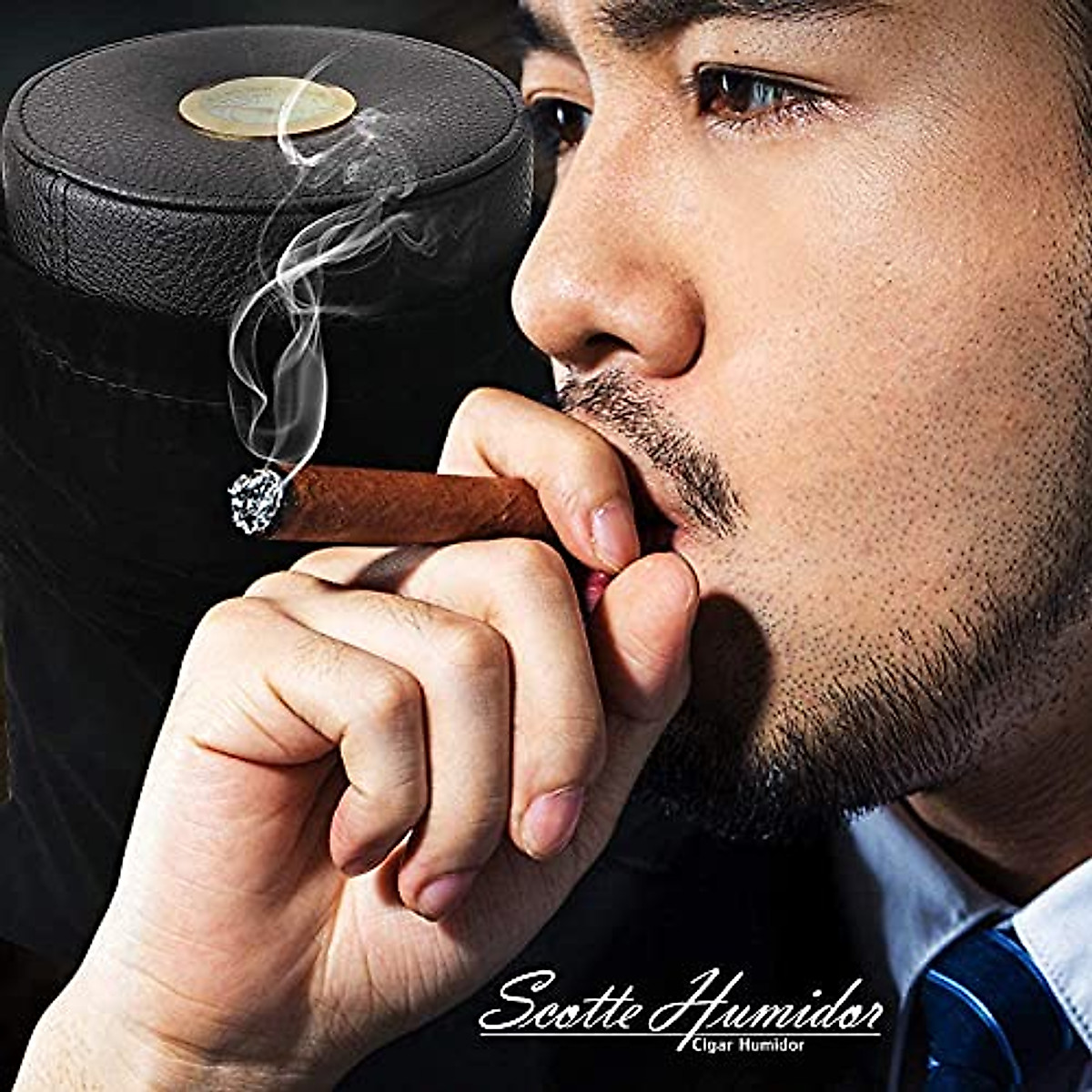 Scotte Cigar humidor case/jar,Leather Cedar Wood Cigar Canister Portable for 12-16 Cigar (Black)