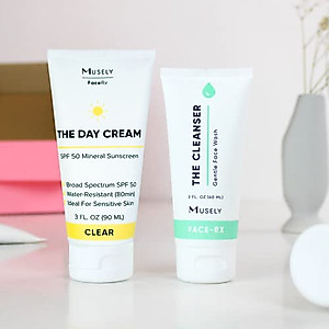 Musely Cleanser and Day Cream Mineral SPF 50, Clinical Grade Sunscreen, Broad-Spectrum, Water Resistant, 3 Fl Oz, Clear Color, 2x Bundle