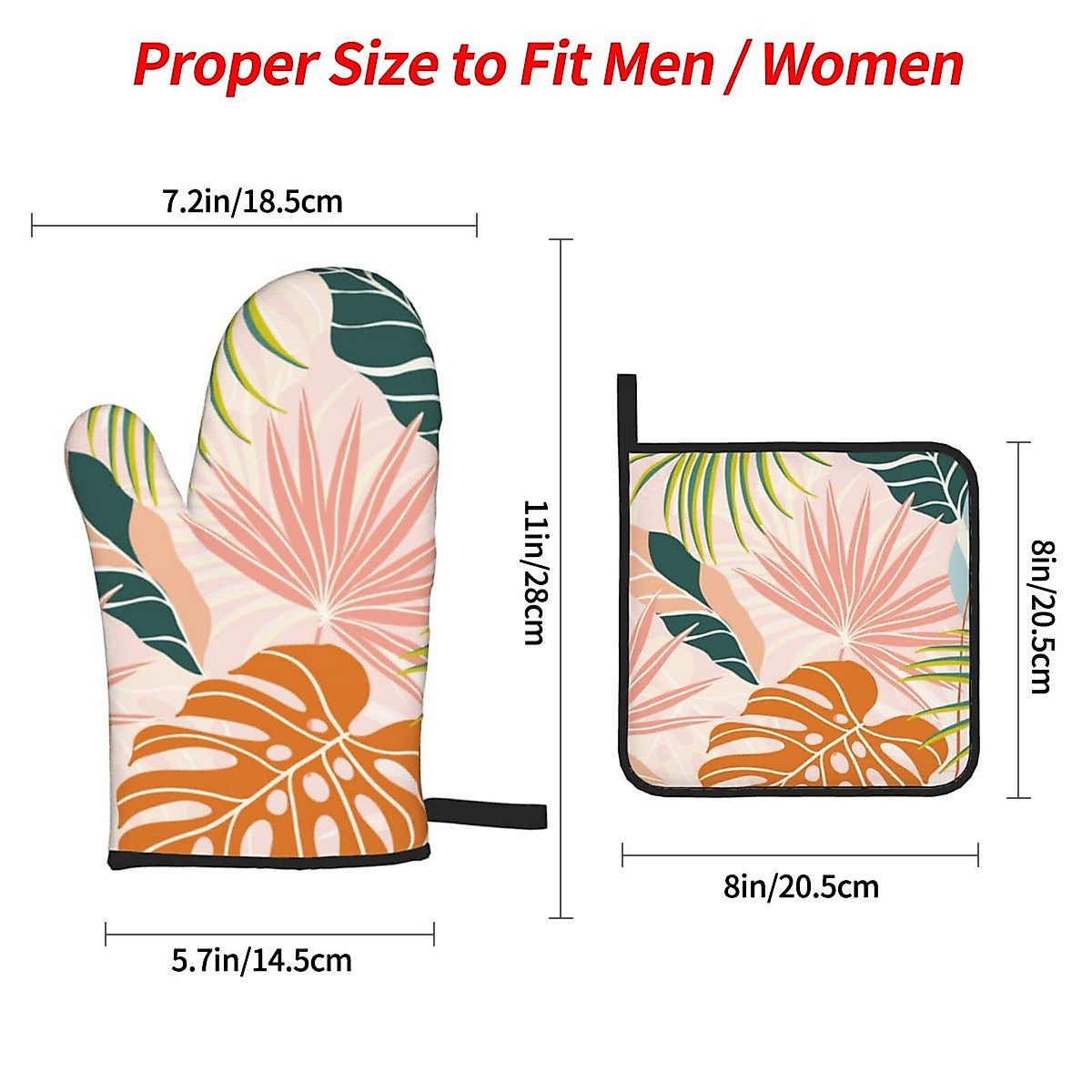 Oven Mitts and Pot Holders Sets 4 Piece, Boho Tropical Leaves and Flowers Pattern Oven Gloves Heat Resistant Non-Slip for Kitchen Cooking Grilling Baking