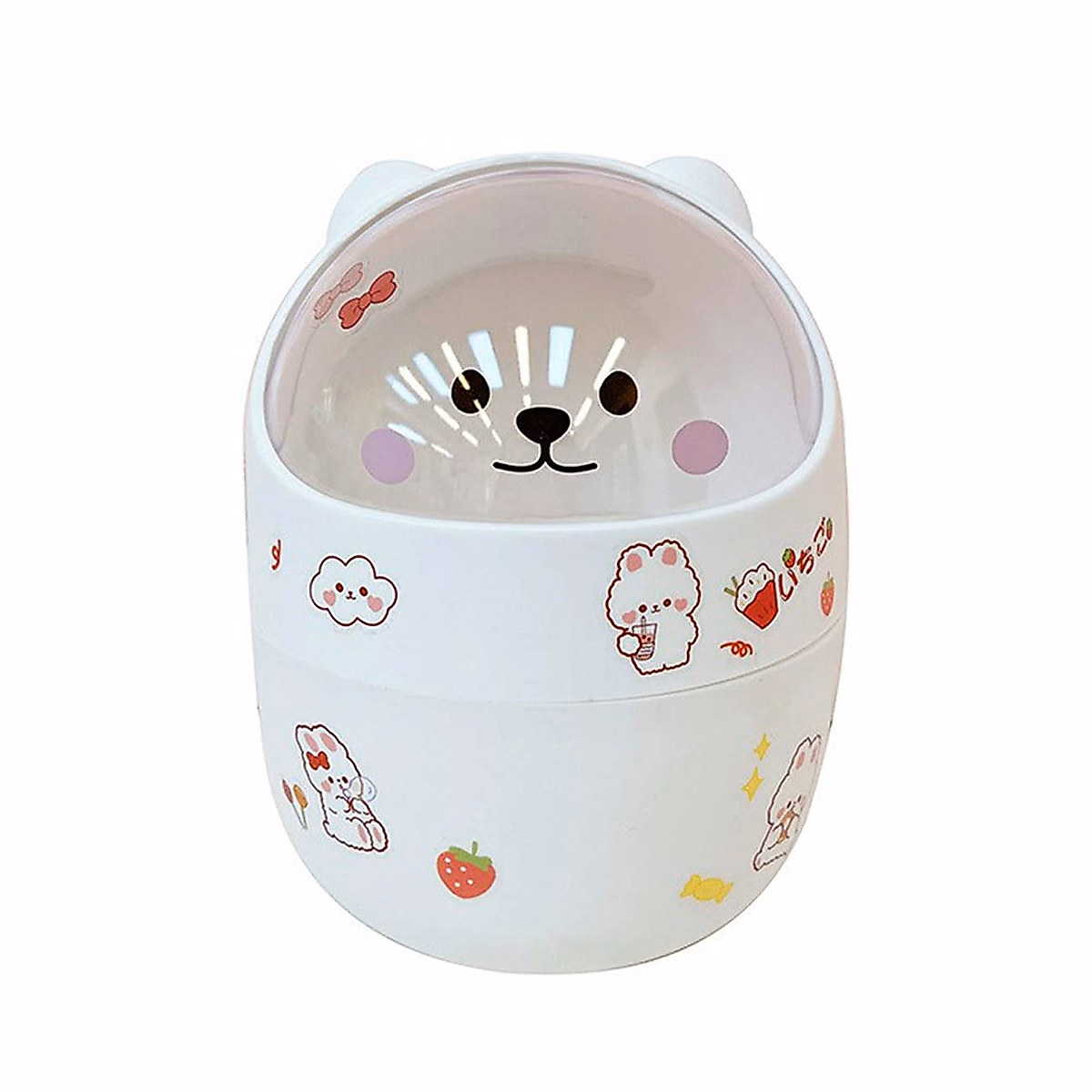 YoBuyBuy Desktop with Lid Trash Can Mini Kawaii Cute Bear Trash Bin Storage Box Girl Pen Holder Storage Bucket with Top, White