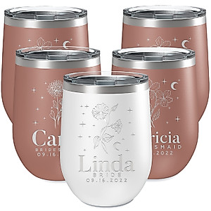 UNITED CRAFT SUPPLIES Personalized Bridesmaid Wine Tumbler W/Name & Title, Bridesmaid Gifts, 10 Colors 12 Birth Flower, Engraved Stemless Wine Tumbler W/Lid, Bridesmaid Proposal Gifts