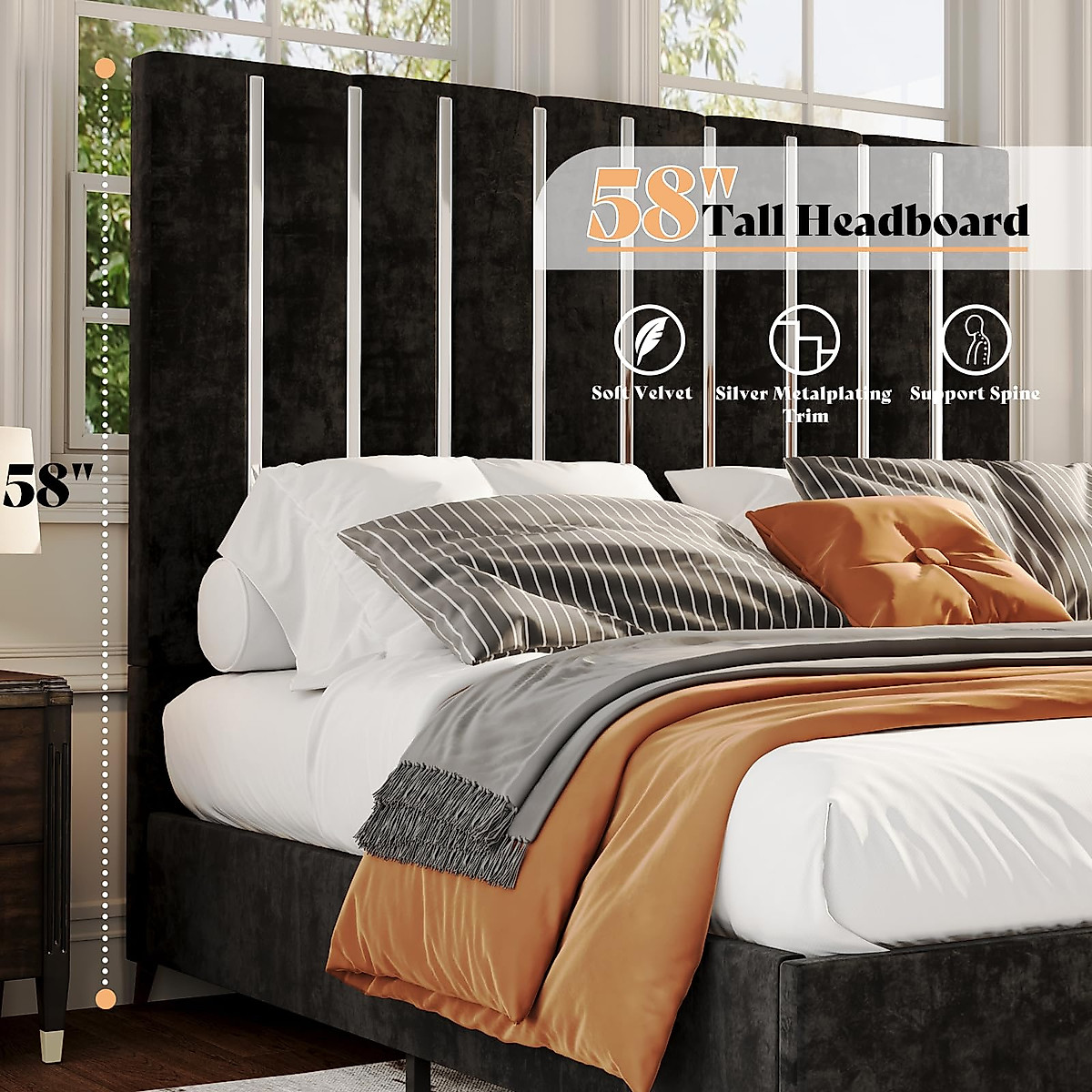 AMERLIFE King Bed Frame with 58" Tall Headboard, Silver Mirror-Plated Trim Platform Bed with Velvet Upholstered, Modern and Luxury Bed, No Box Spring Needed, Black