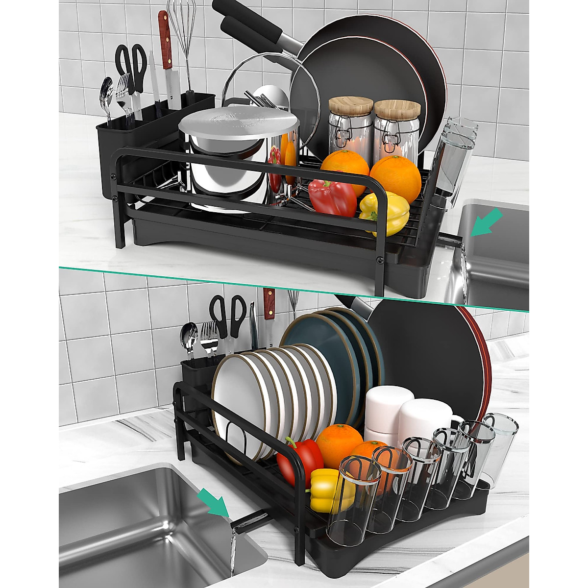 Dish Drying Rack - Large Size Multifunctional Drain Board Set, Durable Tableware Drainer with Adjustable Rotating Drain, Model:DDR-001,by WEIKER. Black 16.15inch x 13inch x 4.2inch