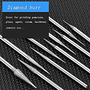 10 Pcs Various Sizes Diamond Mounted Grinding Head Burrs Stone Carving Bits for Rotary Tools with 3/32" Shank(D Type Spiked Shape)