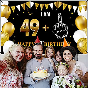 Funny 50th Birthday Decoration I Am 49+1 Banner Backdrop for Men Women, Black Gold 50 Birthday Banner Party Supplies, 50 Years Old Birthday Background Booth Props Decor for Outdoor Indoor