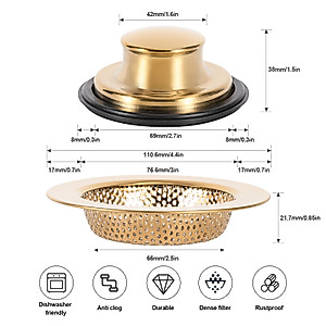 RQYEKDO Kitchen Sink Strainers Sink Stopper Kits, Stainless Steel Sink Drain Strainer Set, Large Wide Rim 4.5" Diameter Food Catcher Garbage Disposal Plug for Most Sink Drains Basket Filter（Gold）