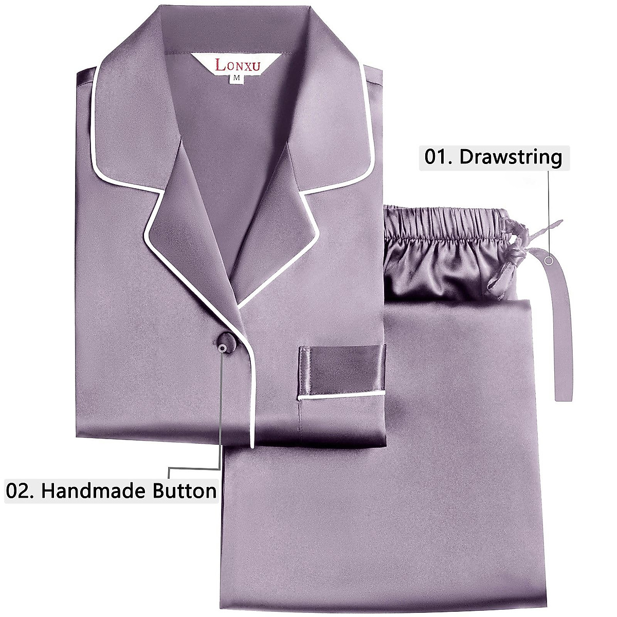 Lonxu Womens Silk Satin Pajamas Set Gray3XL Grey